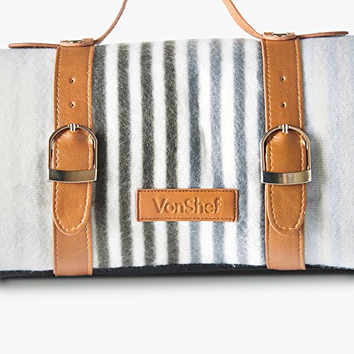 VonShef Picnic Blanket - Large 58" x 71" Soft Waterproof Folding Picnic Blanket for Outdoor Picnics, Beach, Camping - Gray Striped Pattern
