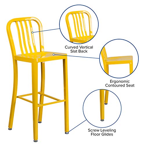 BizChair Commercial Grade 30" H Yellow Metal Indoor-Outdoor Barstool with Slat Back