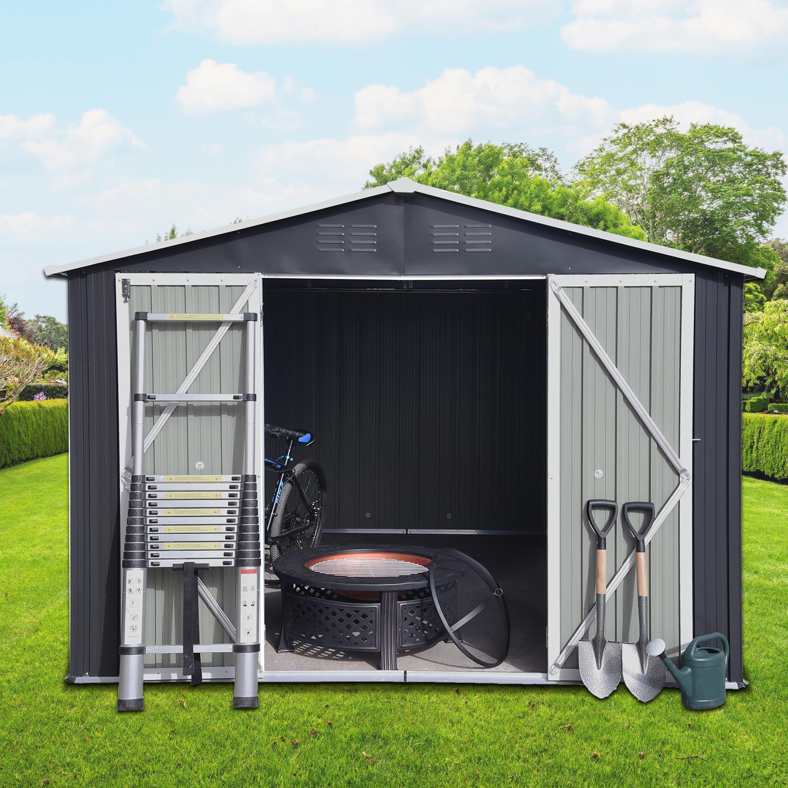 Zevemomo 10X8 FT Outdoor Storage Shed, All Weather Tool Shed with Metal Foundation & 2 Lockable Doors, Metal Sheds Outdoor Storage for Garden, Patio, Backyard, Lawn, Black