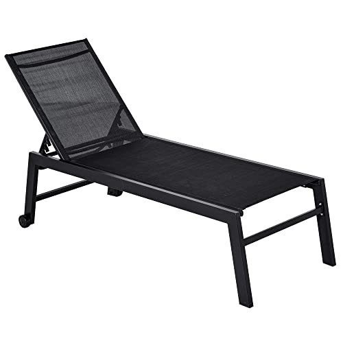 Outsunny Chaise Lounge Outdoor Pool Chair with Wheels, Five Position Recliner for Suntanning, Sunbathing, Steel Frame, Teslin for Beach Yard, Patio, Black