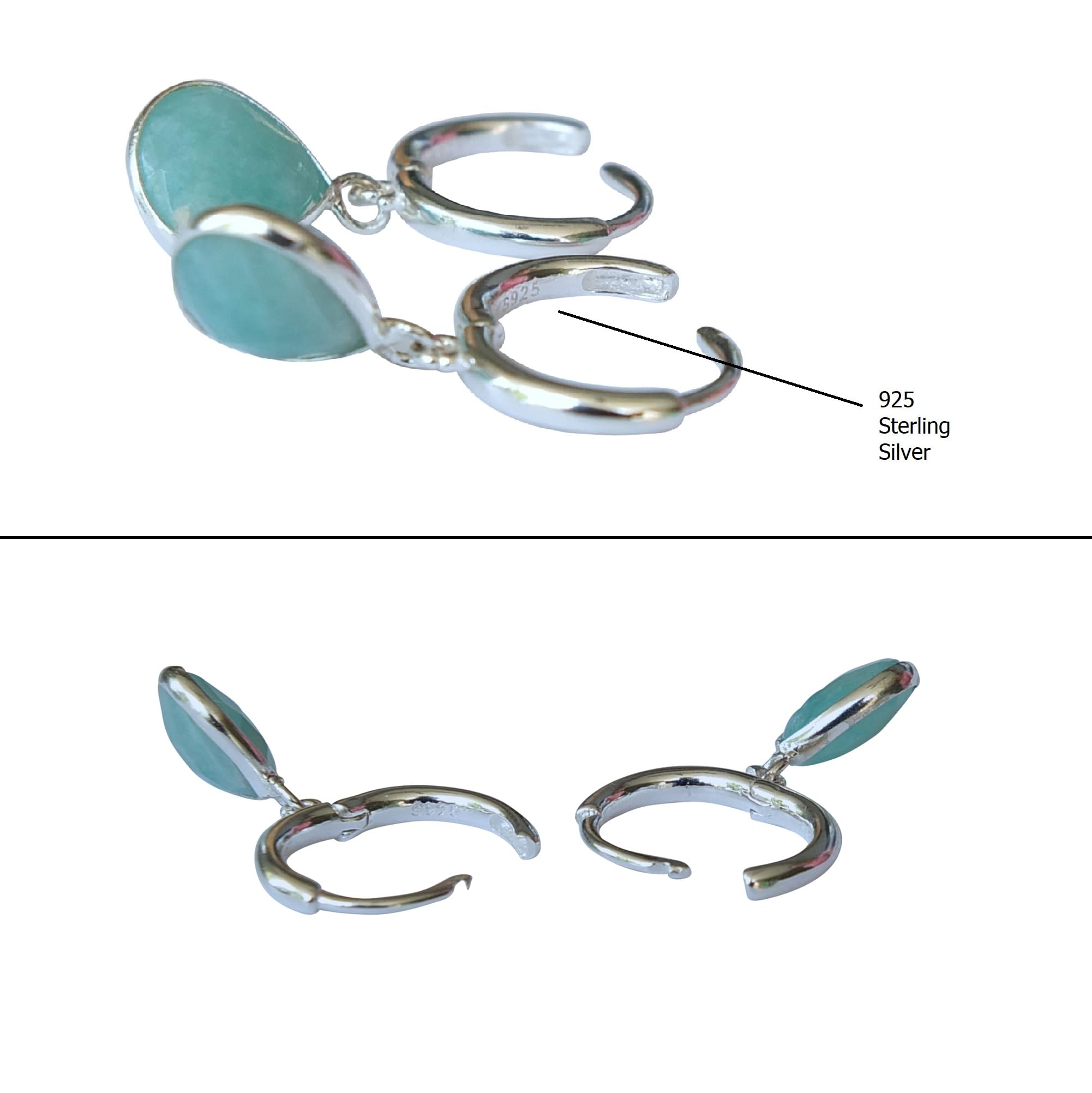 Handmade Silver Small 12MM Hoop Earrings & Pear Shape 9x9mm Amazonite Gemstone Charm, 925 Sterling Silver, Pair of Small Elegant Dainty Hoops for Women, By Miya Jewelry Creations