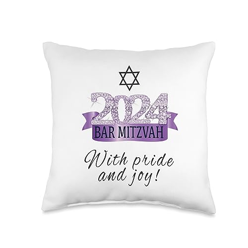 2024 Bar Mitzvah Gifts & Decorations For Boys 2024 Bar Mitzvah I Pride & Joy I White Purple Banner Decor Throw Pillow, 16x16, Multicolor