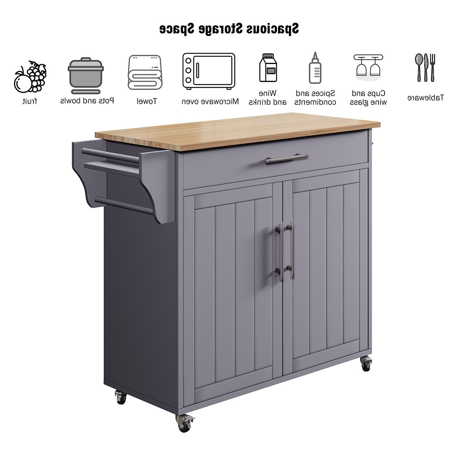 Tornama Kitchen Storage Island, Wooden Rolling Kitchen Island On Wheels with Countertop, Mobile Kitchen Island Cart with Towel Rack, Spice Rack and Drawers, Grey