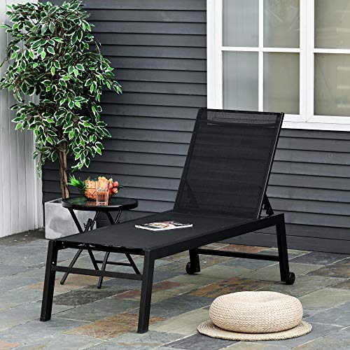 Outsunny Chaise Lounge Outdoor Pool Chair with Wheels, Five Position Recliner for Suntanning, Sunbathing, Steel Frame, Teslin for Beach Yard, Patio, Black