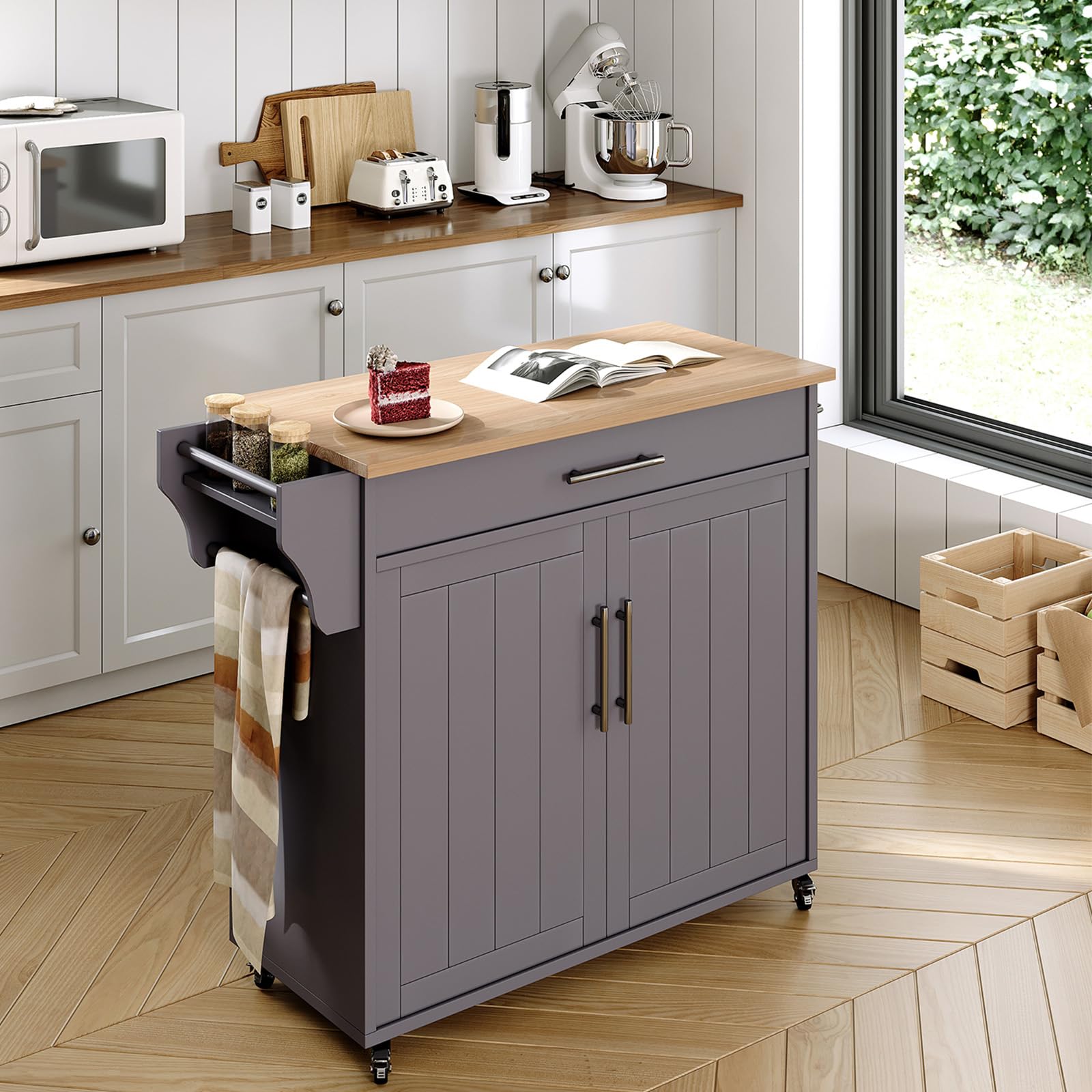Tornama Kitchen Storage Island, Wooden Rolling Kitchen Island On Wheels with Countertop, Mobile Kitchen Island Cart with Towel Rack, Spice Rack and Drawers, Grey