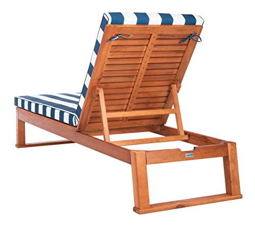 SAFAVIEH Outdoor Collection Solano Natural Wood/ Navy Stripe Cushion Patio Backyard Chaise Lounger Chair