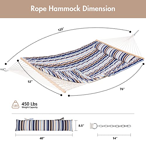 ANOW Outdoor Double Rope Hammock with Pad, Portable Hammock for Patio, Backyard, Beach, 450 LBS Weight Capacity, Blue Seaside