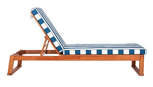 SAFAVIEH Outdoor Collection Solano Natural Wood/ Navy Stripe Cushion Patio Backyard Chaise Lounger Chair