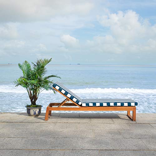 SAFAVIEH Outdoor Collection Solano Natural Wood/ Navy Stripe Cushion Patio Backyard Chaise Lounger Chair