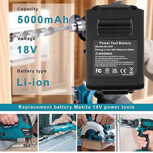 ARyee 2Pack Upgrade 18V 5.0Ah Li-ion Battery Replacement for Makita Lithium-Ion Battery Compatible with Makita BL1840 BL1850 LXT-400 BL1860 BL1815 BL1830