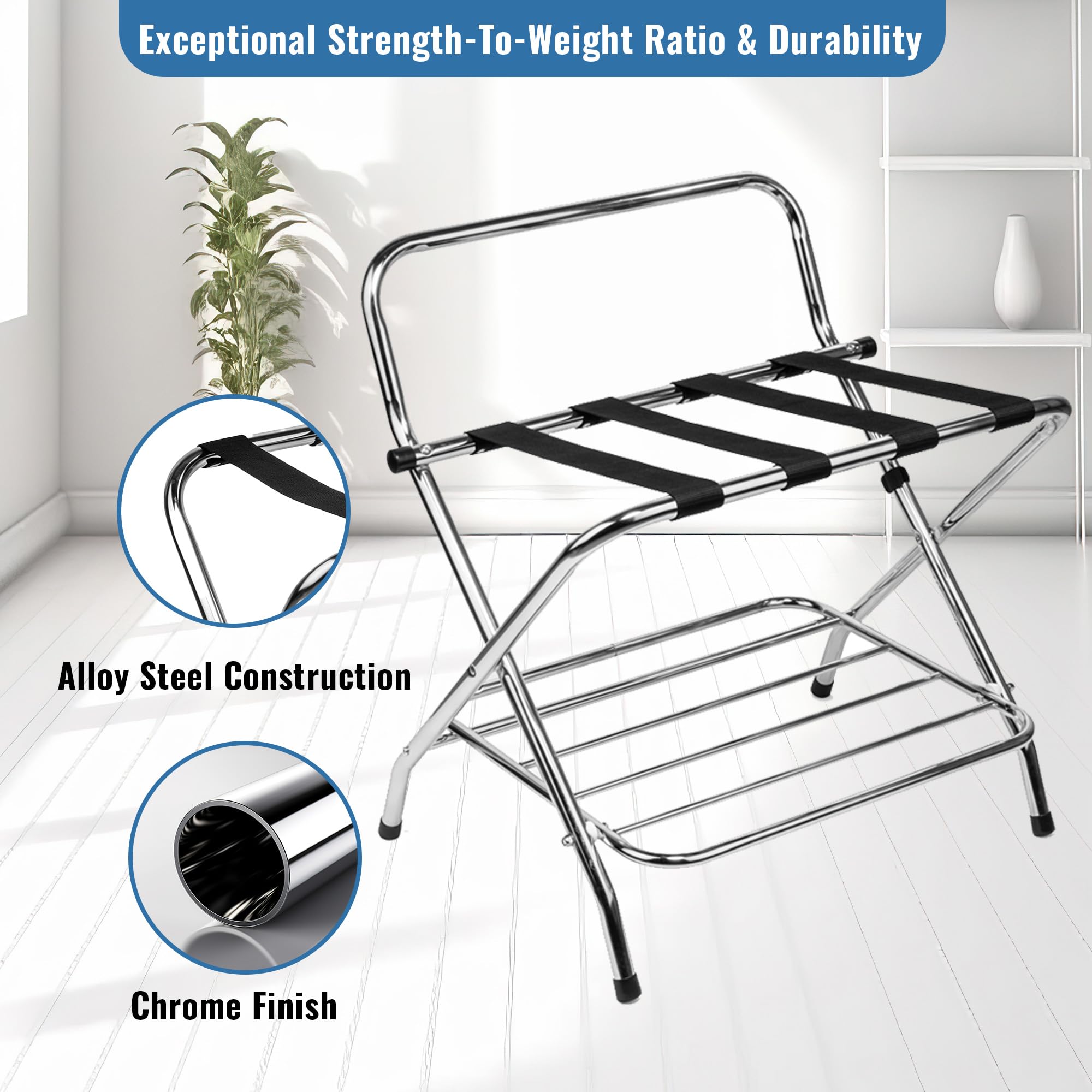 USTECH Luggage Rack-Double Tier with High Back, Chrome, Self Asssembly, Luggage Rack for Guest Room