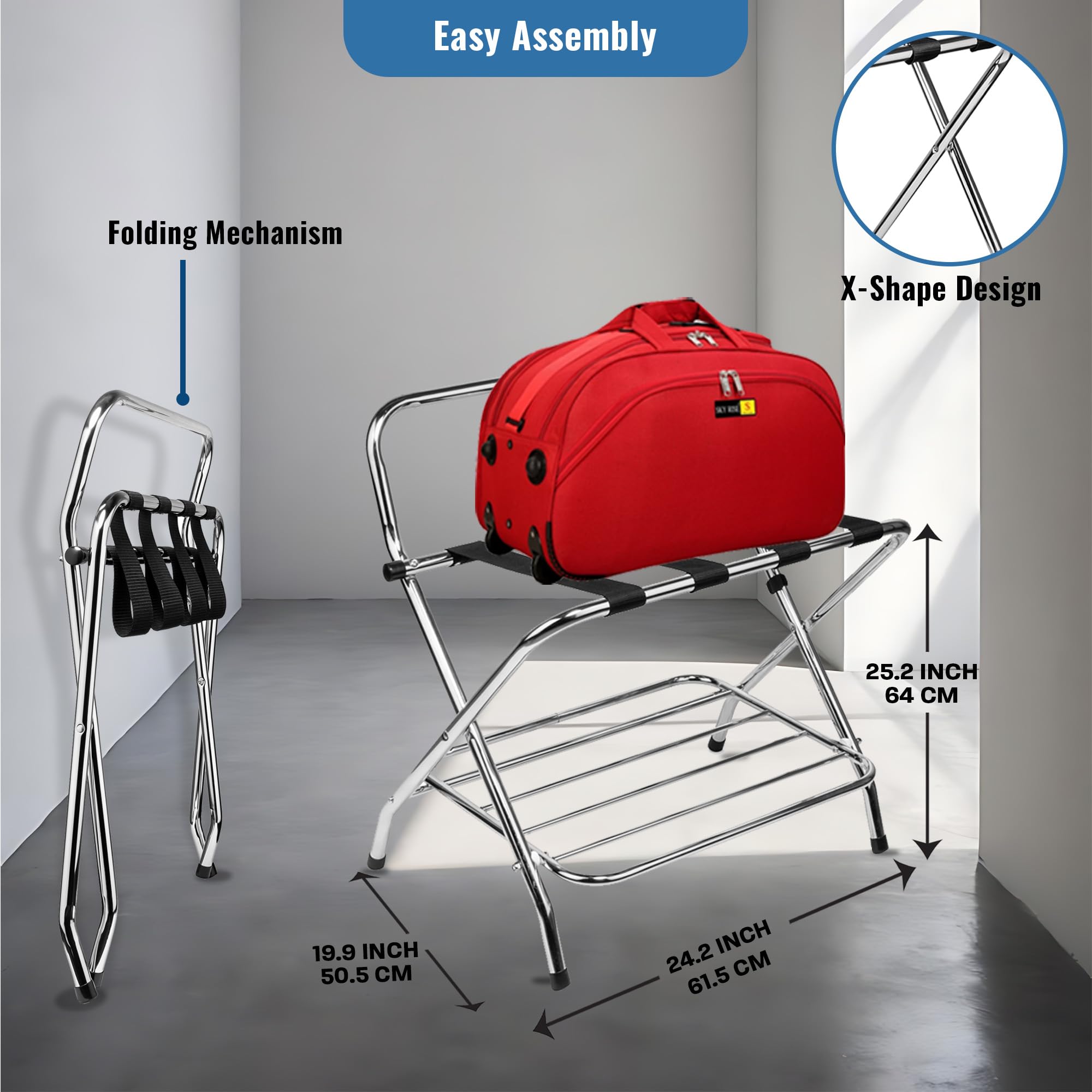 USTECH Luggage Rack-Double Tier with High Back, Chrome, Self Asssembly, Luggage Rack for Guest Room