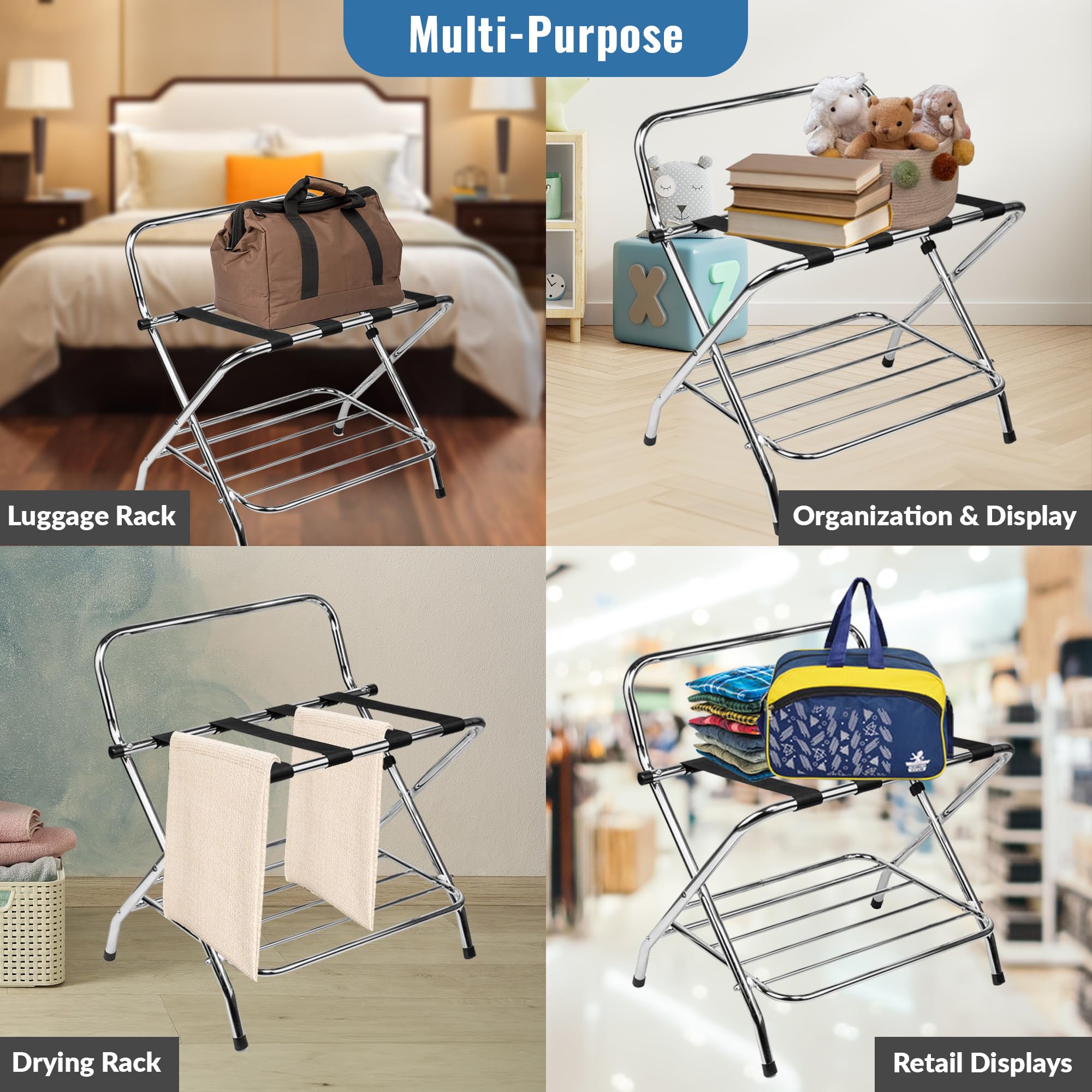 USTECH Luggage Rack-Double Tier with High Back, Chrome, Self Asssembly, Luggage Rack for Guest Room