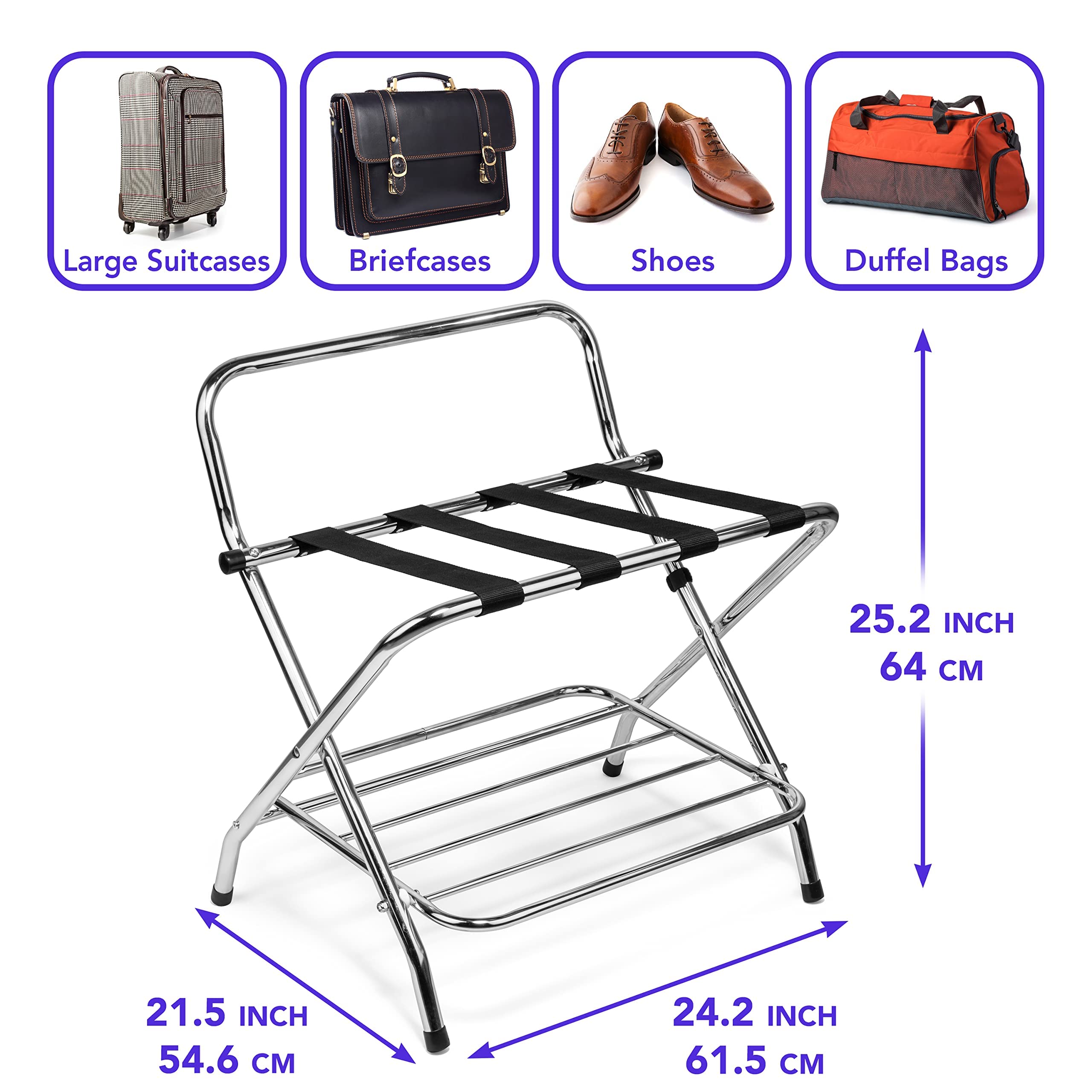 USTECH Luggage Rack-Double Tier with High Back, Chrome, Self Asssembly, Luggage Rack for Guest Room