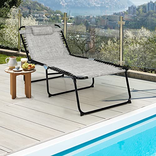 GYMAX Lounge Chair for Outside, 440lbs 27.5β Oversize Folding Beach Tanning Sunbath Chair with Adjustable Backrest & Removable Pillow, Lightweight Portable Patio Lounger for Lawn Poolside (1, Grey)