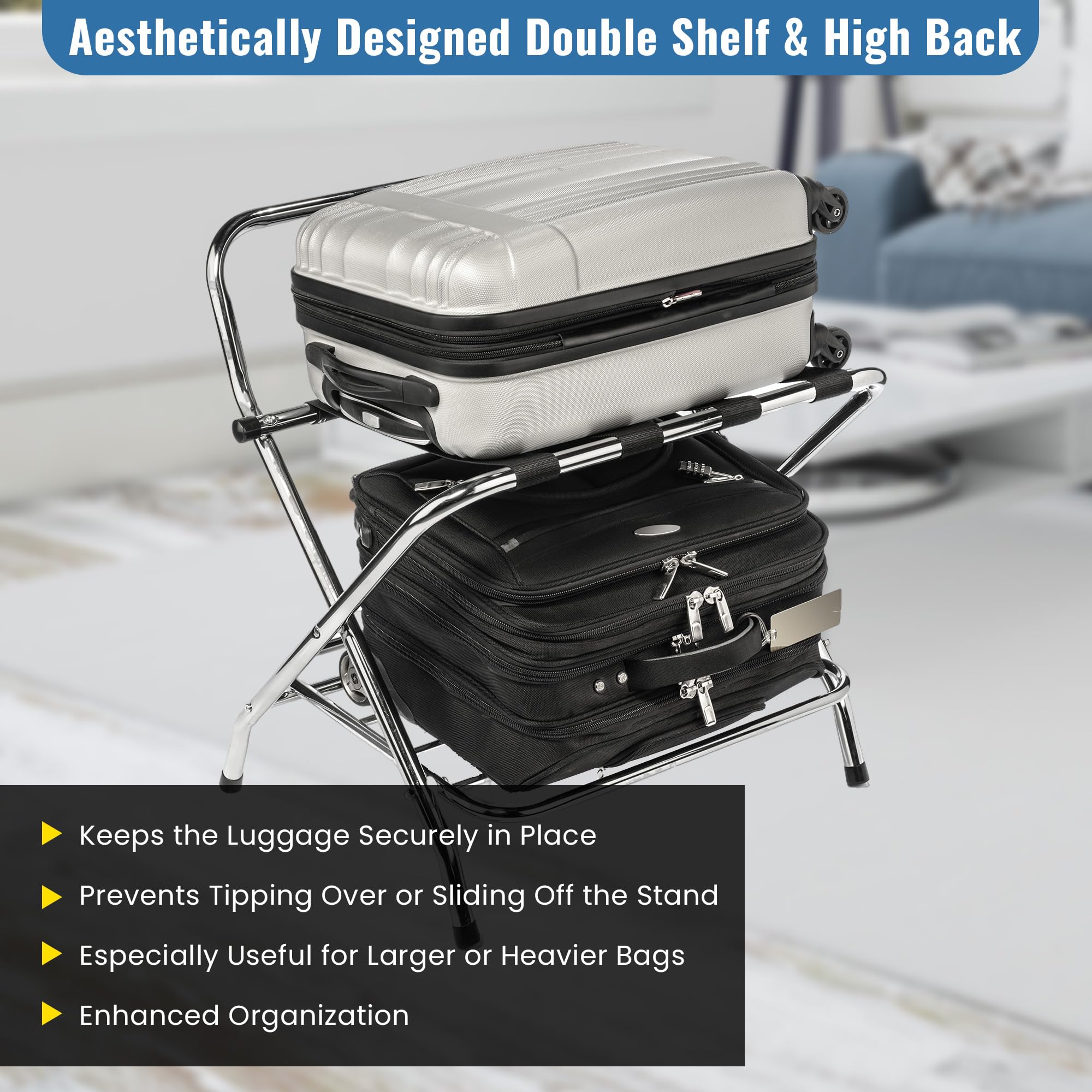 USTECH Luggage Rack-Double Tier with High Back, Chrome, Self Asssembly, Luggage Rack for Guest Room