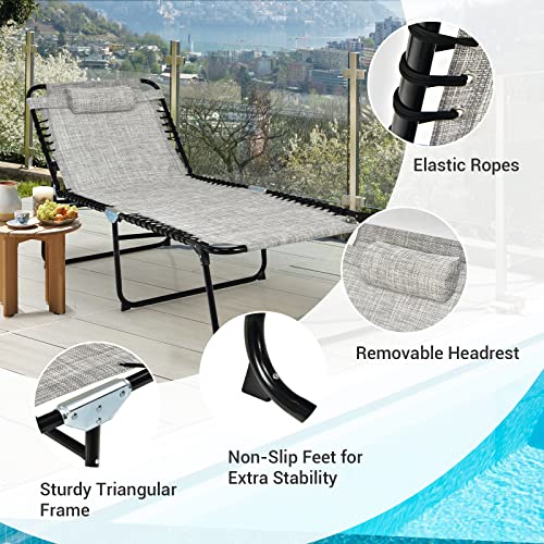 GYMAX Lounge Chair for Outside, 440lbs 27.5β Oversize Folding Beach Tanning Sunbath Chair with Adjustable Backrest & Removable Pillow, Lightweight Portable Patio Lounger for Lawn Poolside (1, Grey)