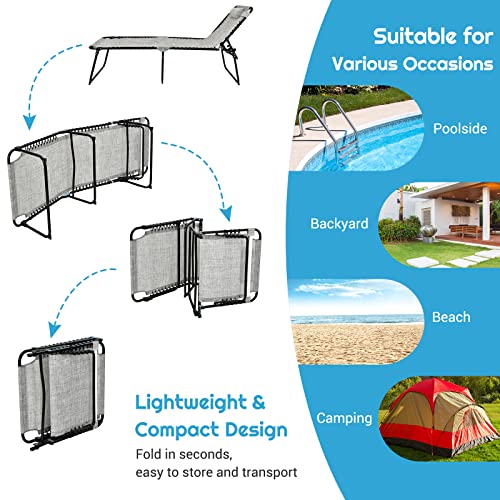 GYMAX Lounge Chair for Outside, 440lbs 27.5β Oversize Folding Beach Tanning Sunbath Chair with Adjustable Backrest & Removable Pillow, Lightweight Portable Patio Lounger for Lawn Poolside (1, Grey)