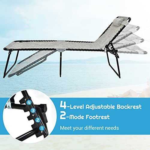 GYMAX Lounge Chair for Outside, 440lbs 27.5β Oversize Folding Beach Tanning Sunbath Chair with Adjustable Backrest & Removable Pillow, Lightweight Portable Patio Lounger for Lawn Poolside (1, Grey)