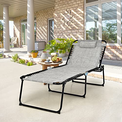 GYMAX Lounge Chair for Outside, 440lbs 27.5β Oversize Folding Beach Tanning Sunbath Chair with Adjustable Backrest & Removable Pillow, Lightweight Portable Patio Lounger for Lawn Poolside (1, Grey)