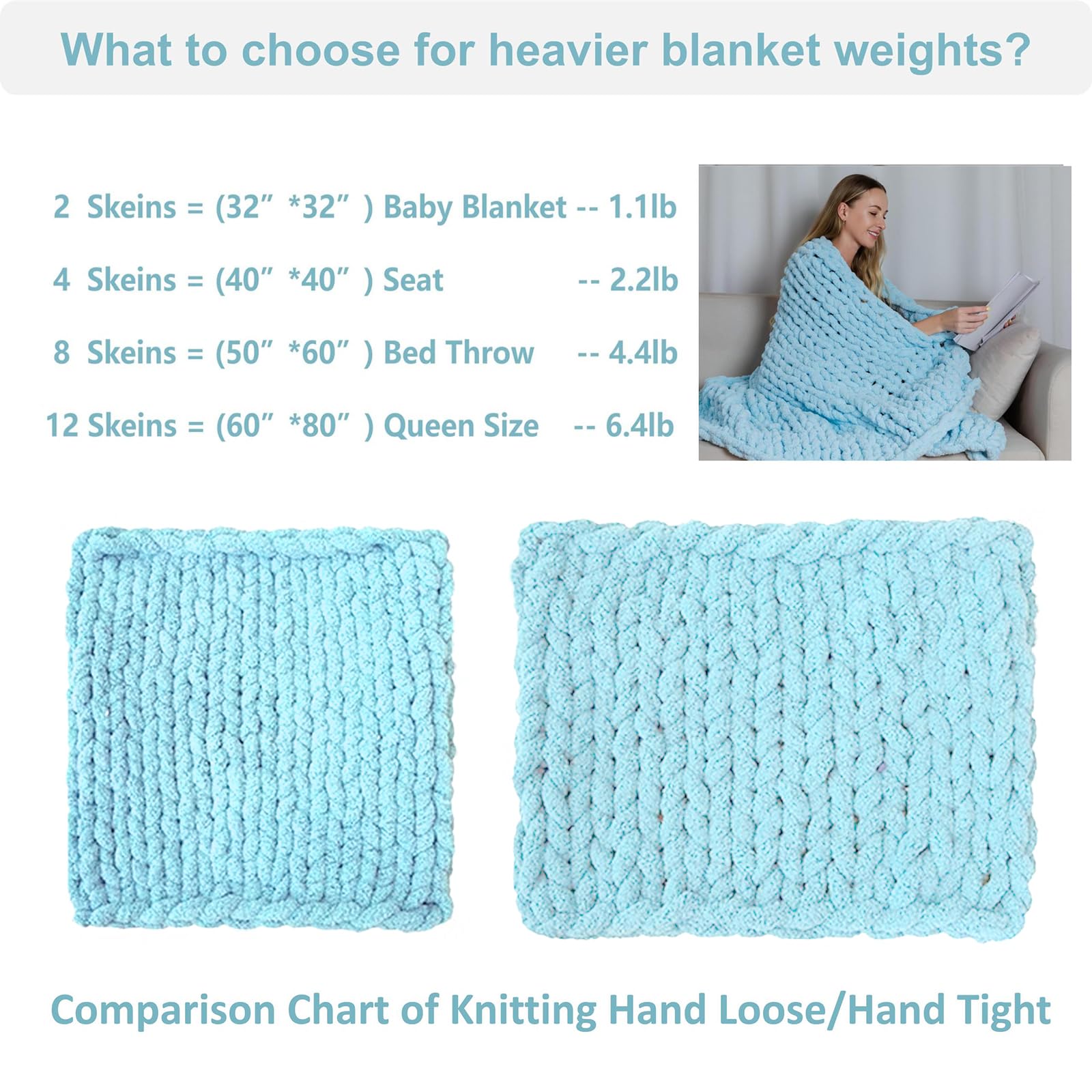 Chenille Chunky Yarn Arm Knitting Thick Bulky DIY for Knit Blanket Cushion Bed Sofa Home Decor (Light Blue, 2-Pack, 0.5kg/1.1 lb, 48 Yards)