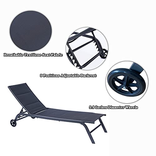 MengkOutdoor 2-Pcs Set Chaise Lounge Chairs, Five-Position Adjustable Metal Recliner, Black
