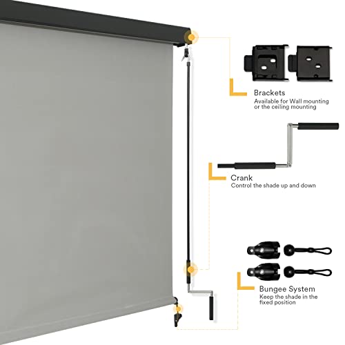 VICLLAX Premium Outdoor Roller Shade PVC Fabric Exterior Roller Shade Crank Operated with Aluminum Protective Valance(8' W X 8' L), Light Grey