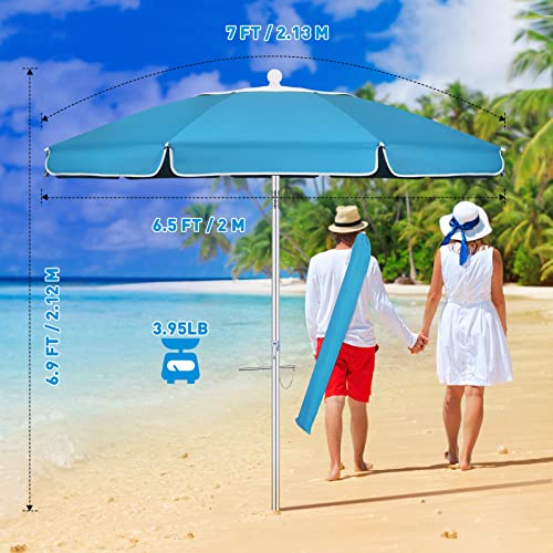Portable Beach Umbrella for Sand: 7FT Arc Length 6.5FT Diameter Outdoor Umbrella with Anchor Heavy Duty and Adjustable Tilt Pole - UV 50+ Windproof Beach Umbrella with Carry Bag for Beach, Patio, Garden