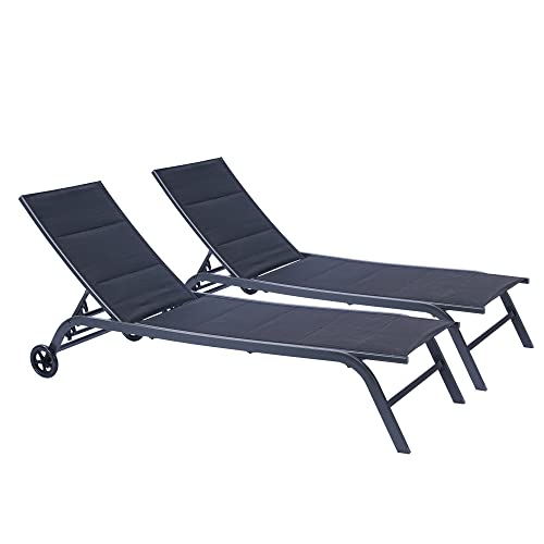 MengkOutdoor 2-Pcs Set Chaise Lounge Chairs, Five-Position Adjustable Metal Recliner, Black