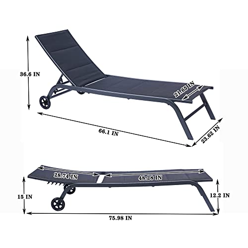 MengkOutdoor 2-Pcs Set Chaise Lounge Chairs, Five-Position Adjustable Metal Recliner, Black