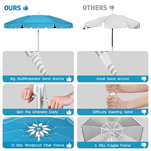 Portable Beach Umbrella for Sand: 7FT Arc Length 6.5FT Diameter Outdoor Umbrella with Anchor Heavy Duty and Adjustable Tilt Pole - UV 50+ Windproof Beach Umbrella with Carry Bag for Beach, Patio, Garden