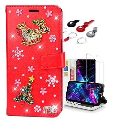 Fairy Art Crystal Wallet Case Compatible with Samsung Galaxy Z Fold 5 - Sled Christmas Tree - Red - 3D Handmade Sparkly Glitter Bling Leather Cover with Screen Protector & Neck Strip Lanyard
