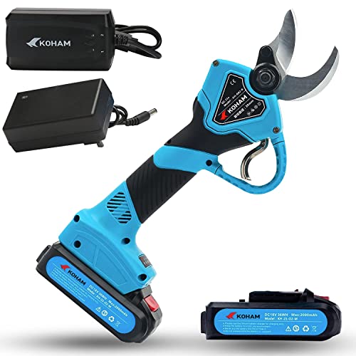 KOHAM Professional Cordless Electric Pruning Shears with 2pcs Backup Rechargeable Battery & Extra 1pcs Safety Charger