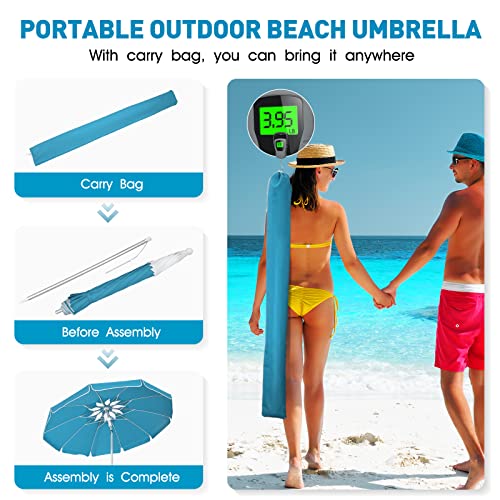 Portable Beach Umbrella for Sand: 7FT Arc Length 6.5FT Diameter Outdoor Umbrella with Anchor Heavy Duty and Adjustable Tilt Pole - UV 50+ Windproof Beach Umbrella with Carry Bag for Beach, Patio, Garden