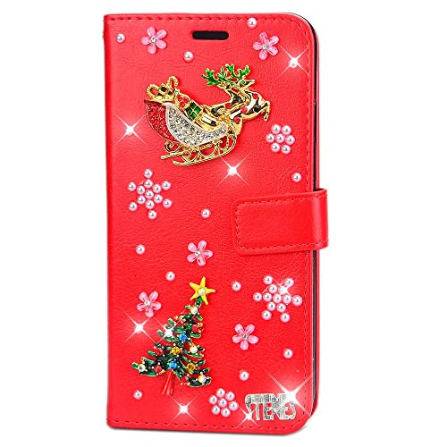 Fairy Art Crystal Wallet Case Compatible with Samsung Galaxy Z Fold 5 - Sled Christmas Tree - Red - 3D Handmade Sparkly Glitter Bling Leather Cover with Screen Protector & Neck Strip Lanyard