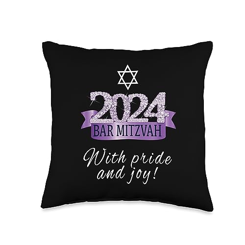 2024 Bar Mitzvah Gifts & Decorations For Boys Bar Mitzvah 2024 I with Pride & Joy I Purple Banner Decor Throw Pillow, 16x16, Multicolor