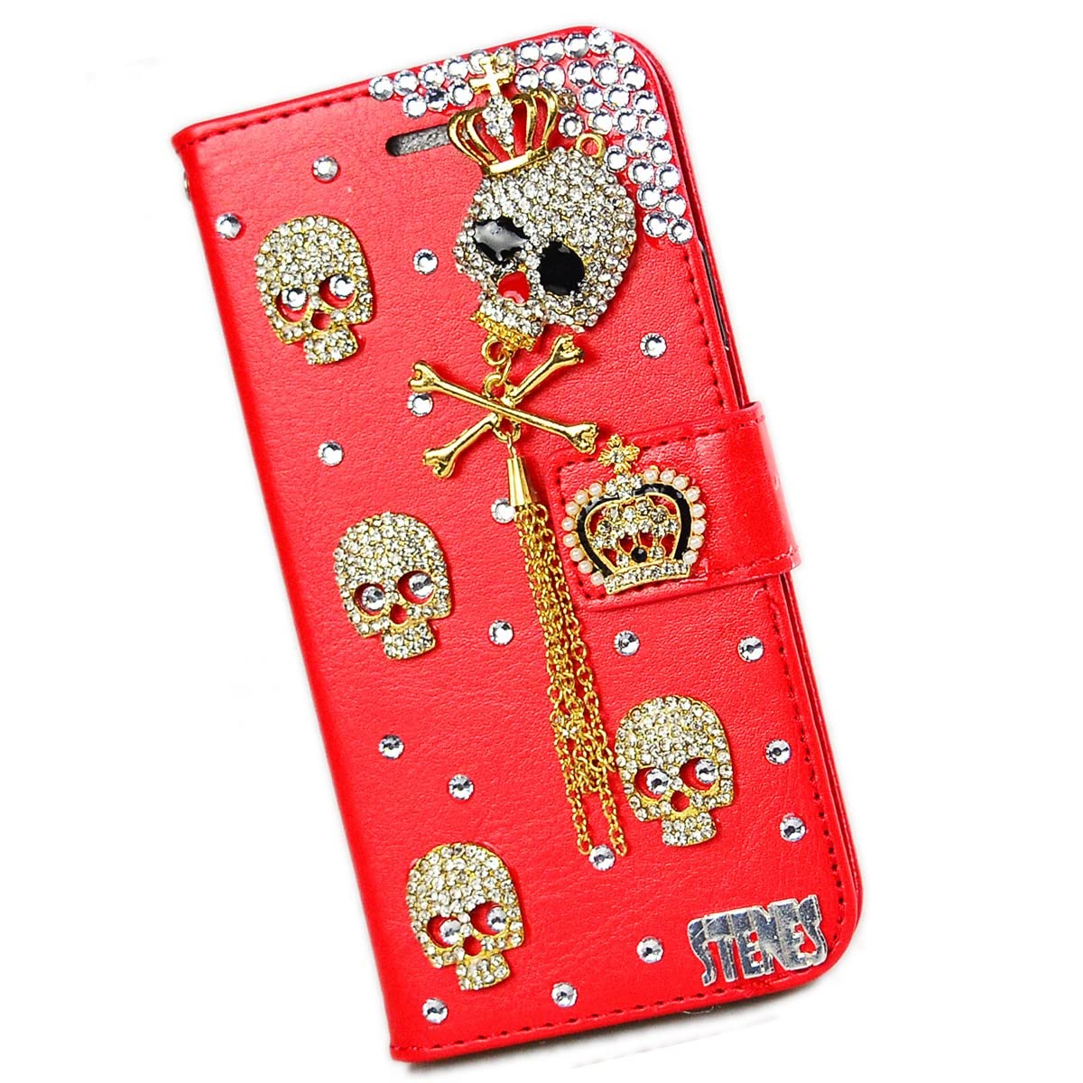 Fairy Art Crystal Wallet Phone Case Compatible with Samsung Galaxy Z Fold 5 - Skull Tassel - Red - 3D Handmade Sparkly Glitter Bling Leather Cover with Screen Protector & Beaded Phone Lanyard