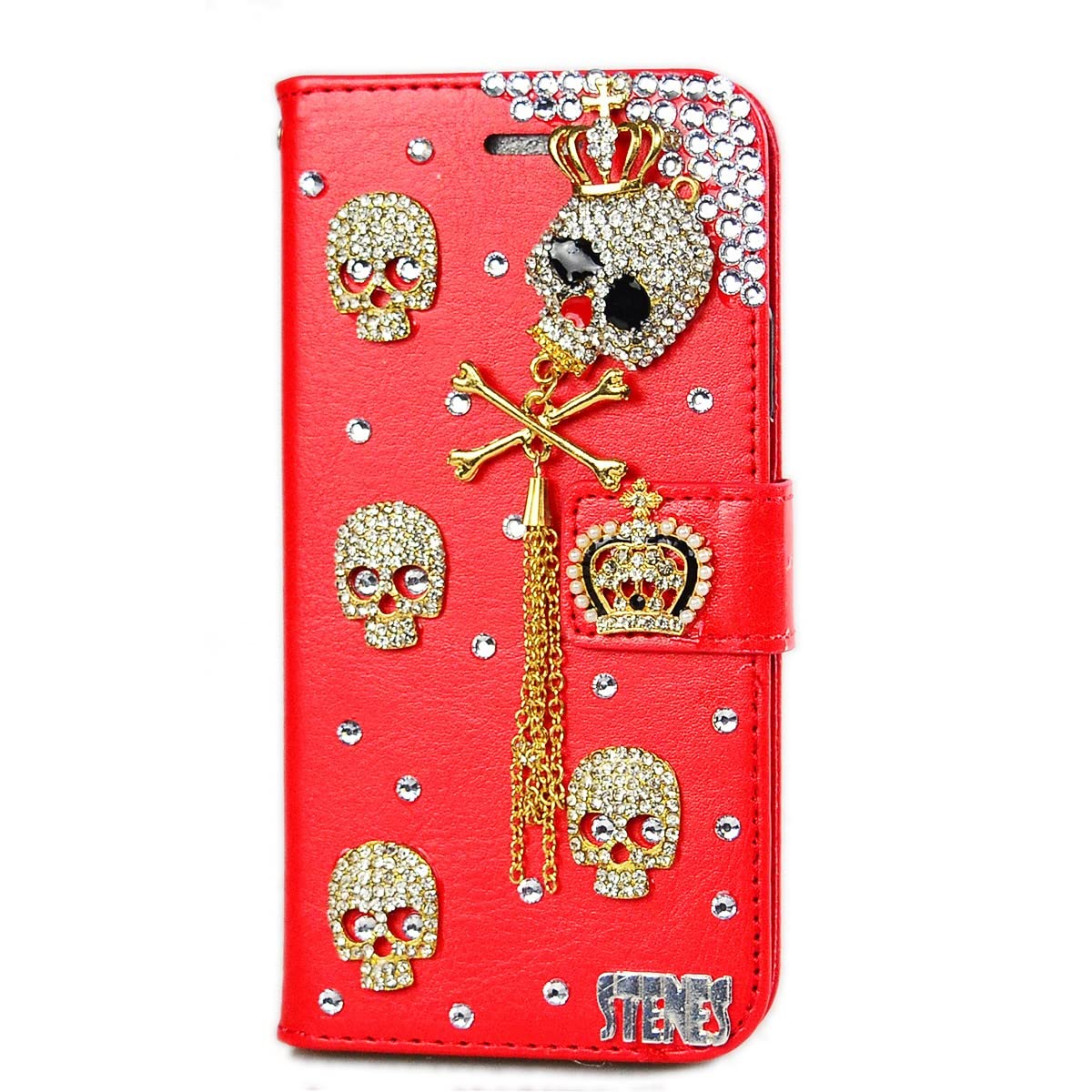 Fairy Art Crystal Wallet Phone Case Compatible with Samsung Galaxy Z Fold 5 - Skull Tassel - Red - 3D Handmade Sparkly Glitter Bling Leather Cover with Screen Protector & Beaded Phone Lanyard