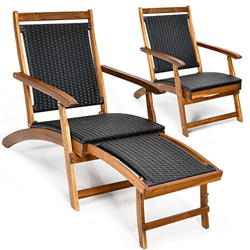 Tangkula Set of 2 Acacia Wood Folding Chaise Lounge Chair, Patiojoy Outdoor Foldable Deck Chair, Portable Wicker Lounger with Retractable Footrest, Ideal for Garden, Poolside, Courtyard