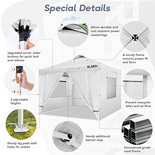 Ez Pop Up Canopy Tent, RLAIRN 10'X10' Waterproof Instant Gazebo Canopy with 3 Adjustable Height and 4 Removable Sidewalls, UPF50+ Folding Instant Pop Up Gazebo Canopy Shade Tent with Mesh Windows