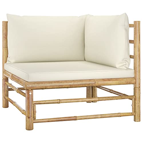 Patio Corner Sofa with Cream White Cushions Bamboo Living Room Home Office Furniture Bamboo Fabric 100% Polyester Modern Chesterfield Upholstered Pillow