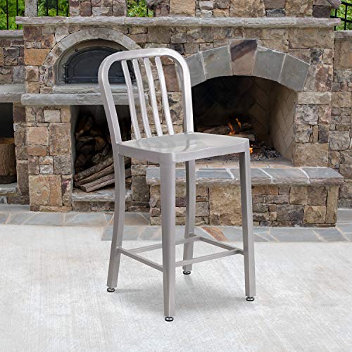 Flash Furniture Commercial Grade 24" High Silver Metal Indoor-Outdoor Counter Height Stool with Vertical Slat Back