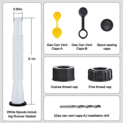 Gas Can Spout Replacement,Gas Can Nozzle,(2 Kit-White) with 4 Screw Collar Caps(2 Coarse Thread &2 Fine Thread-Fits Most of The Cans) with Gas Can Vent Caps, Thick Rubber pad, Spout Cover, Base Caps