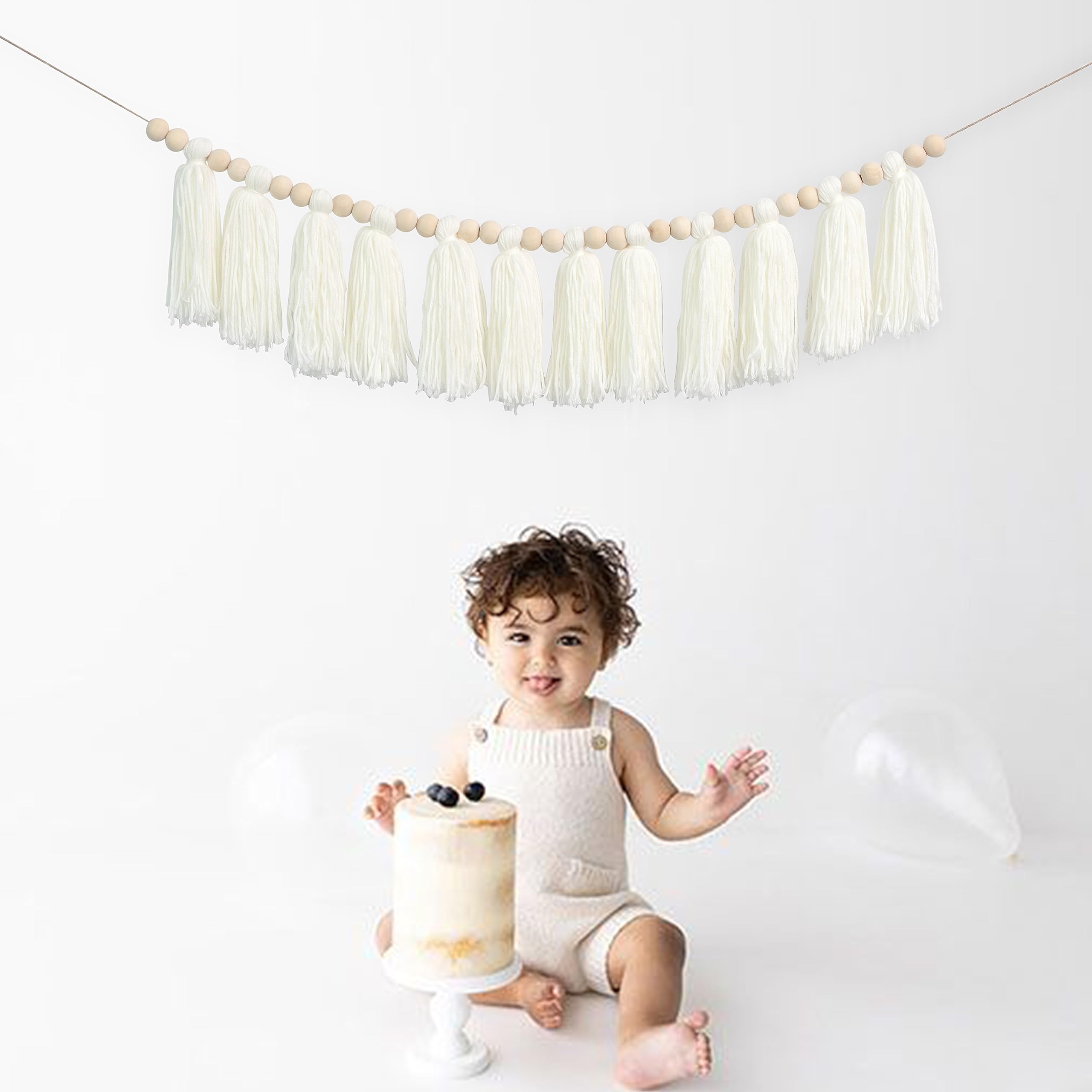 Vgaruint White Yarn Tassel Banner - Cream Wood Bead Tassel Garland Boho Decor, Beaded Tassel Bunting for Home, Boho Nursery Wall Hanging,Christmas Decor,Baby Bridal Shower Party Supplies
