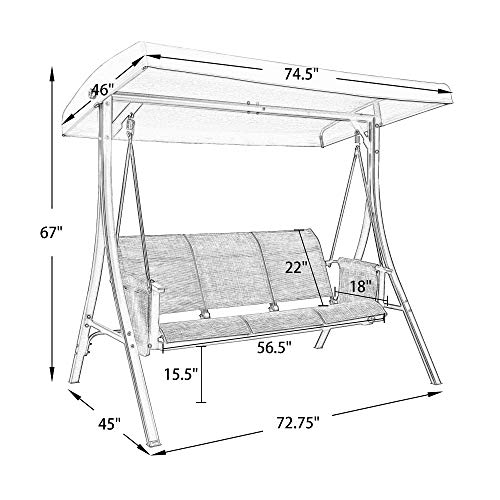 Patio 3-Seat Textilene Porch Swing, Outdoor Swing Glider with Stand and Adjustable Polyester Canopy (Brown)