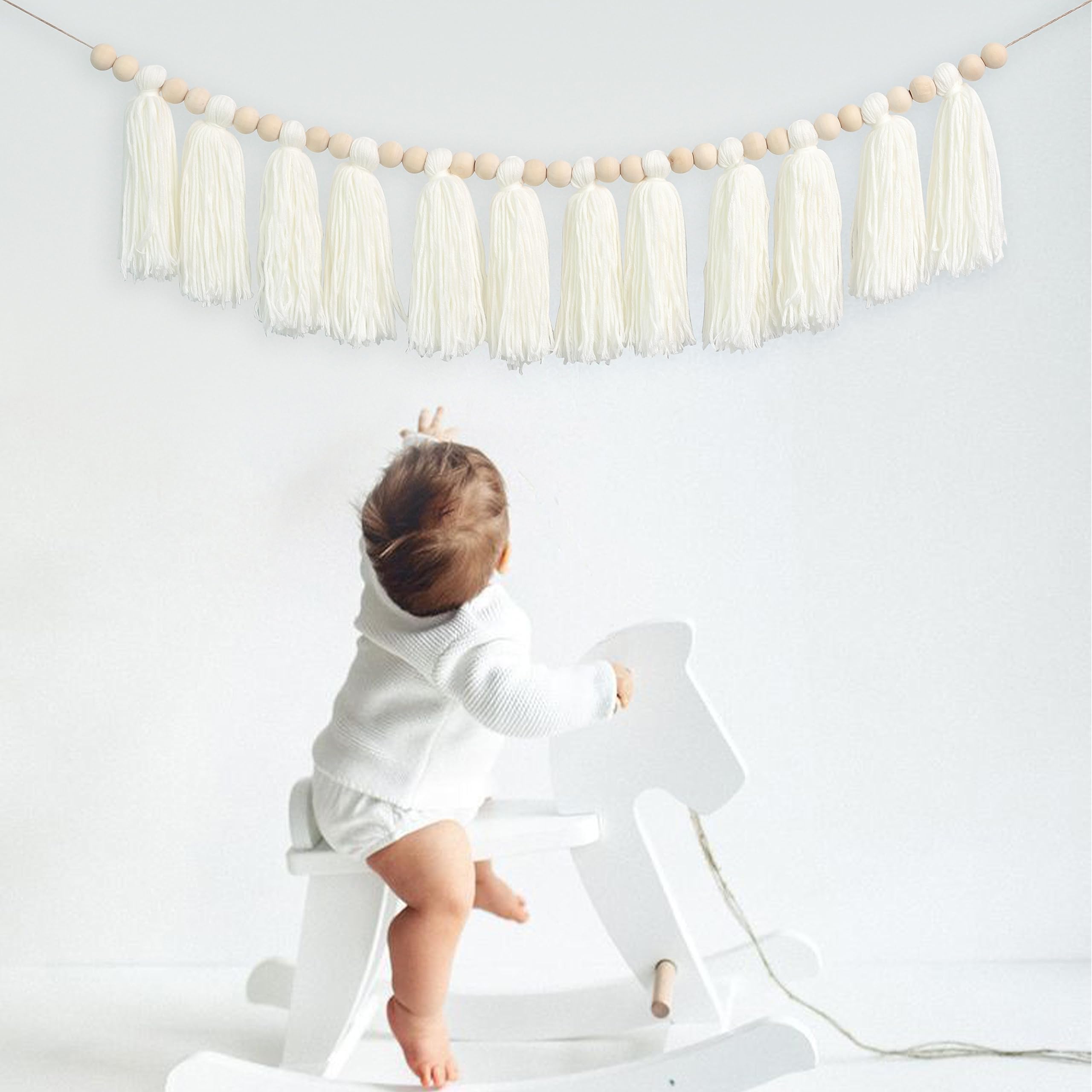 Vgaruint White Yarn Tassel Banner - Cream Wood Bead Tassel Garland Boho Decor, Beaded Tassel Bunting for Home, Boho Nursery Wall Hanging,Christmas Decor,Baby Bridal Shower Party Supplies