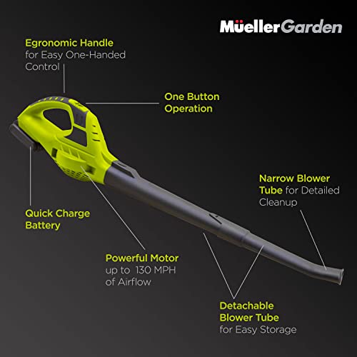 Mueller UltraStorm Cordless Leaf Blower, 20 V Powerful Motor, Electric Leaf Blower for Lawn Care, Battery Powered Leaf Blower Lightweight for Snow Blowing (Battery & Charger Included)