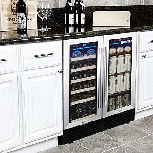 24'' Wine and Beverage Cooler Refrigerator-Dual Zone Built-in or Freestanding Fridge with Stainless Steel Tempered Double Glass Door and Temperature Memory Function Holds 19 Wine Bottles &57 Csans