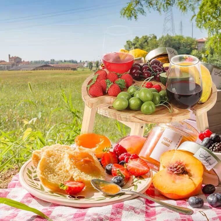 YWMSGM Outdoor Folding Picnic Table, Wooden Portable Cheese Tray or Fruit Snack Compartment Tray with 4 Wine Glass Holders, No Assembly Required, Suitable for Potluck Camping, Beach Concert