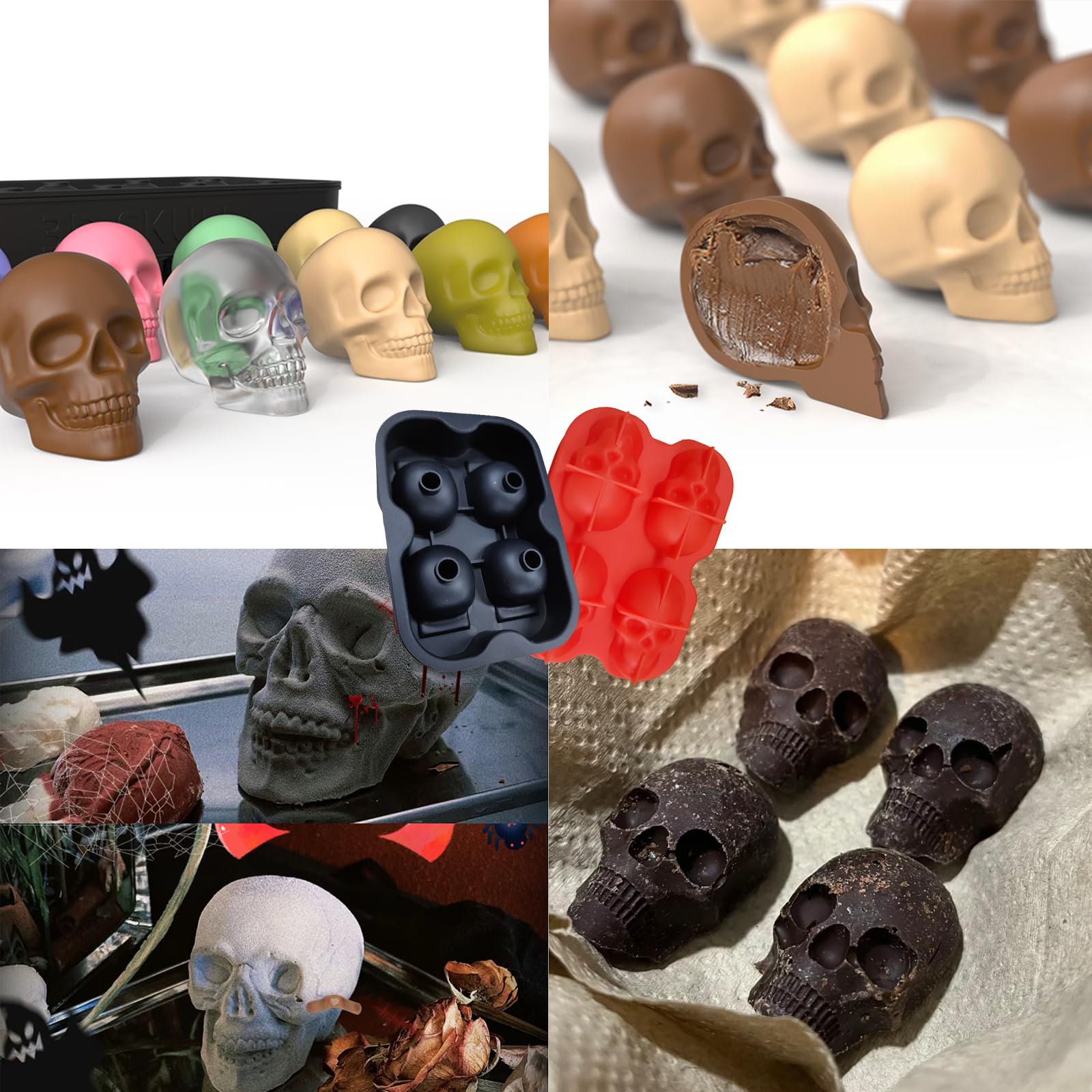 ice Cube Trays Silicone (Set of 4) Whiskey Ice Ball Mold, Large Ice Ball Maker Mold, grimace Ice Cube Mold, Halloween Ice Cube Mold, Tray for Cocktails & Bourbon Easy Release BPA Free (Black)
